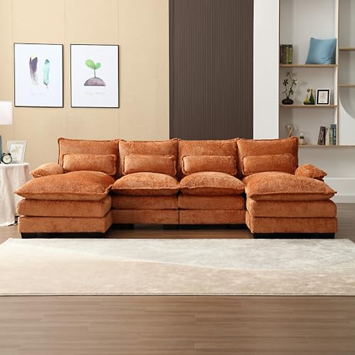 Verfur Deep Seat Modular Sectional Sofa with Double Chaise,110.63" Large Convertible Symmetrical Couch with Solid Wood Legs, Comfy Upholstery Sofa & Couch for Living Room Furniture Set