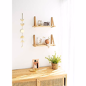 Mkono Hanging Shelf Wall Wood Floating Storage Shelves Leather Strap Swing Organizer for Nursery Bedroom Living Room Bathroom Dorm, Set of 2