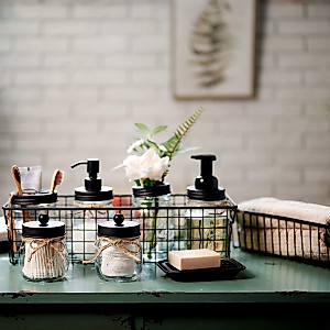 Premium Mason Jar Bathroom Accessories Set (6PCS) - Lotion Soap Dispenser,Toothbrush Holder,2 Apothecary Jars(Qtip Holder), Soap Dish,Storage Organizer Basket - Rustic Farmhouse Decor (Black)