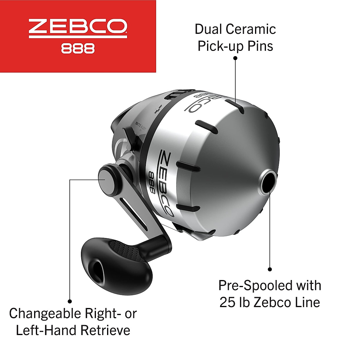 Zebco 888 Spincast Fishing Reel, Size 80 Reel, Changeable Right- or Left-Hand Retrieve, Built-in Bite Alert, 2.6:1 Gear Ratio, Pre-spooled with 25 lb Zebco line, Silver