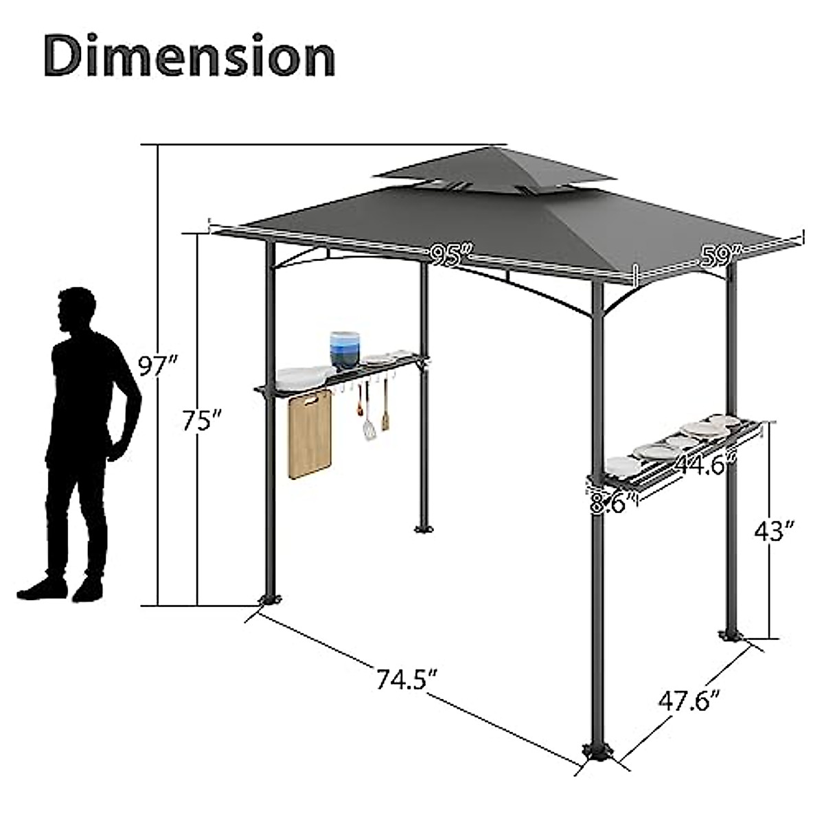 TRIPLE TREE 8 x 5 FT Grill Pergola Tent with Air Vent,Double Tiered Outdoor BBQ Gazebo with 2 Side Shelves,10 Hooks,Bottle Opener,Outdoor Barbecue Canopy for Patio,Garden,Beach,Backyard,Gray