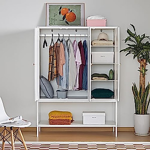 LEVNARY Large Armoire Wardrobe Closet with 3 Doors, Rattan Wardrobe Cabinet with Shelves and Hanging Rail for Clothes, Freestanding Wooden Closet for Bedroom, White (47.24" W x 18.89" D x 62.99" H)