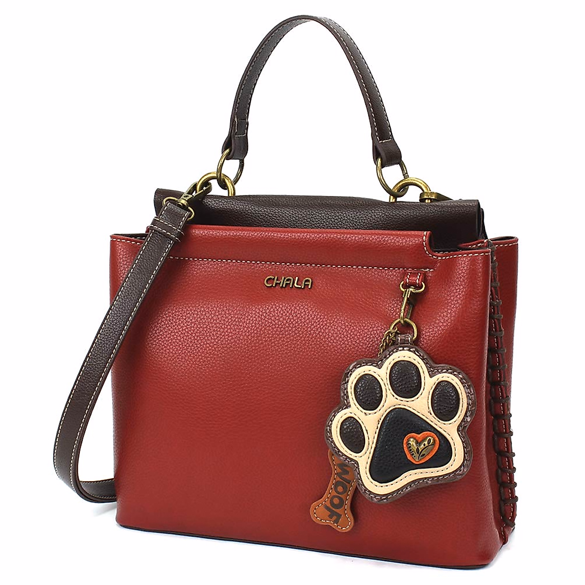CHALA Charming Satchel with Adjustable Strap - Ivory Paw Print - Burgundy