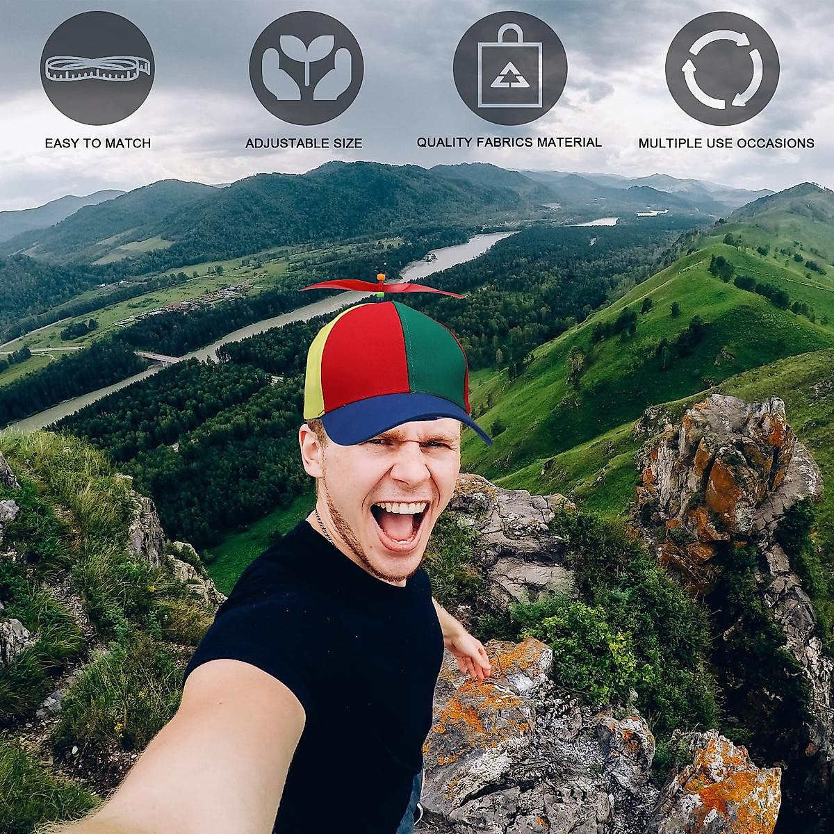 2 Pack Adult Hat Baseball Cap Brightly Rainbow Top Hat with 4 Replaceable Bamboo Dragonflies for Halloween(Green, Blue Brim)