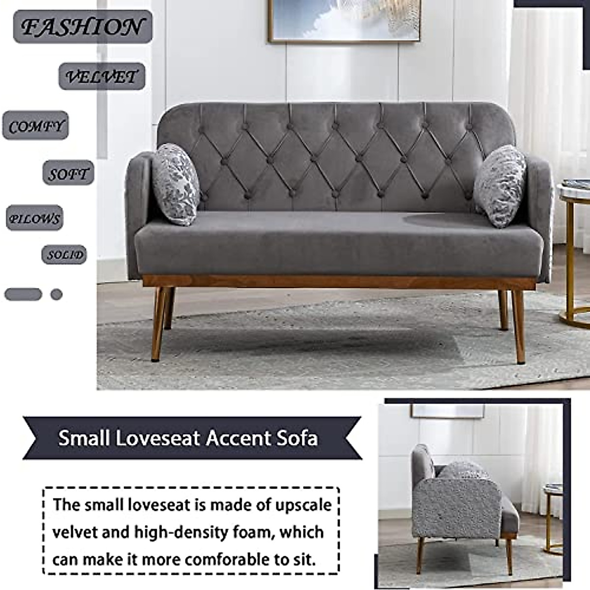 55-inch Small Velvet Sofa with Two Elegant Moon Shape Pillows, Modern Twin Size Accent Sofa Couch with Golden Metal Legs & Tufted Backrest & Delicate Armrests, Loveseat Sofa for Living Room, Grey