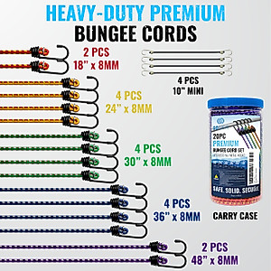 GOEASY0312 Premium Bungee Cords Heavy Duty - 20 pcs Bungee Cords with Hooks in A Storage Jar Includes 10", 18", 24", 30", 36", 48" Bungie Cord Bundle