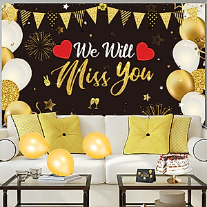 Irenare We Will Miss You Party Decoration, Extra Large Black Gold Going Away Party Backdrop Miss You Photography Background Banner for Farewell Anniversary Retirement Graduation Party,70.8 x 43.3 Inch