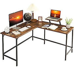 YMYNY L Shaped Computer Desk, Industrial Corner Table for Home Office, PC Laptop Workstation, Study Writing Gaming Table with Monitor Stand, Easy to Assemble, Rustic Brown, UHTMJ052H