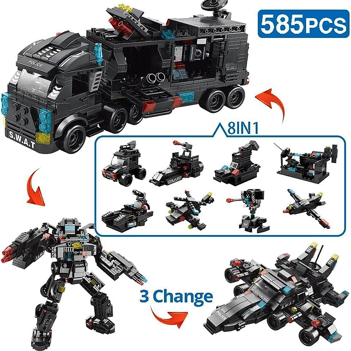 ENHANA Building Block Robot 27 in1 SWAT Police Command Truck Building Kit for Kids City Helicopter Bricks Kit Educational Toys for Boys Age 6 7 8 9 10 11 12 Years Old 585PCS