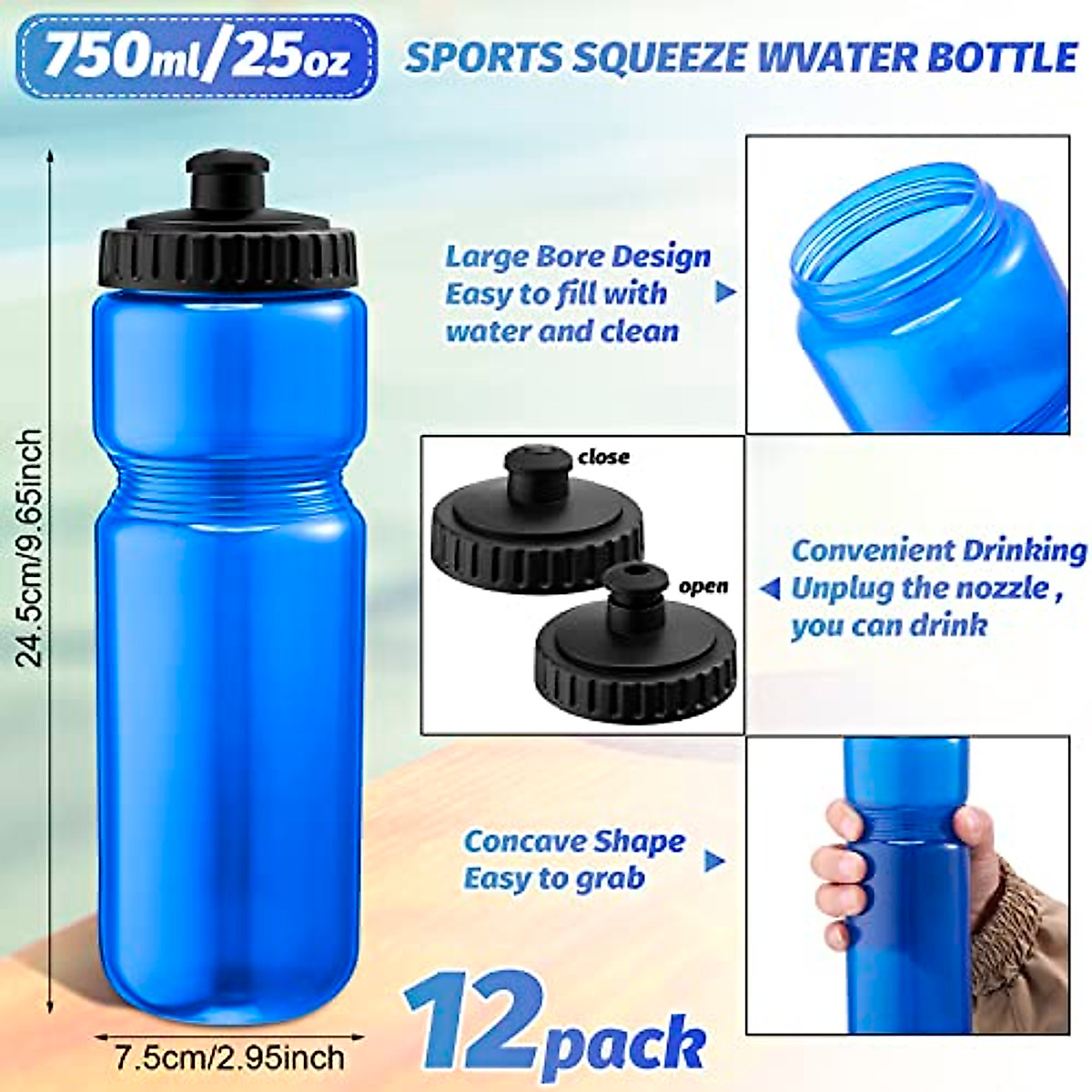 Mimorou 12 Pack 25 Oz Sports Water Bottles, Plastic, Blue, Reusable, Leakproof, Lightweight, BPA Free, for Travelling, Yoga, Cycling, Fishing, Basketball, Hiking