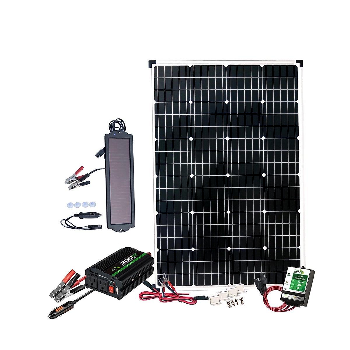 Nature Power 110 Watt Complete Solar Kit with 300 Watt Power Inverter, 11 Amp Charge Controller and Bonus 1.5 Watt Solar Battery Trickle Charger