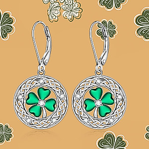 Celtic Knot Shamrock Earrings for Women Irish Leverback Drop Four Leaf Clover St Patricks Day Earrings Sterling Silver Green Dangle Valentines Day Gifts