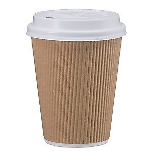 NYHI 100 8 oz Ripple Kraft Paper Cups Brown Hot Cold with Lids 3 Layer Rippled Small Insulated Disposable Coffee Cups for Cappuccino Hot Cocoa or Iced Drinks