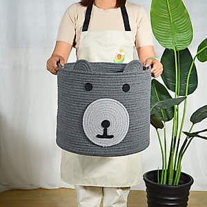 InfiBay Baby Toy Storage, Cotton Rope Storage Basket with Bear Design, Toy Storage Bin with Handles, Woven Laundry Hamper, Baby Nursery Organizer for Toys, Blanket, Clothes, Towels, 12”(D) x 11”(H)