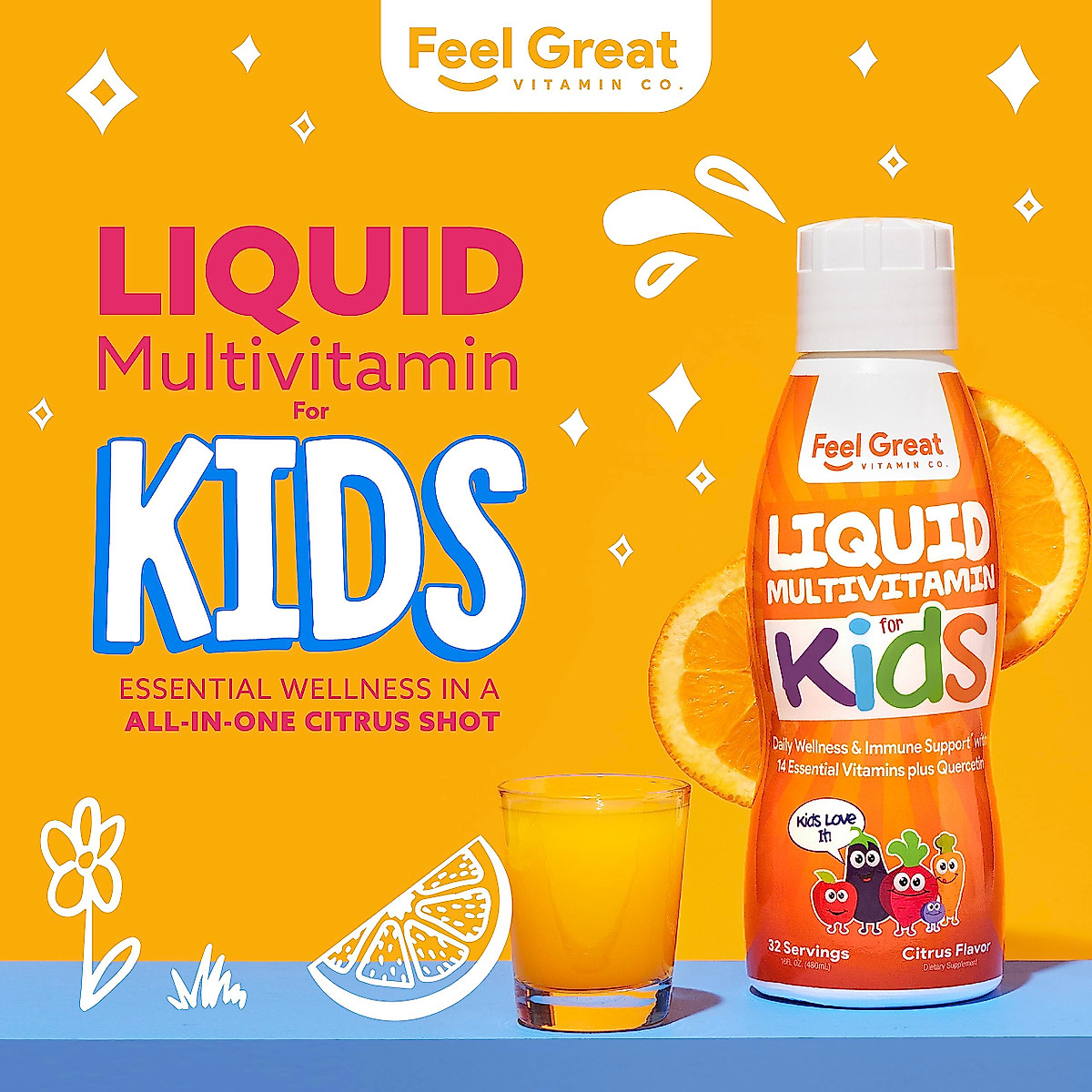 Feel Great Liquid Multivitamin for Kids | Orange Flavored Vegetarian & Sugar Free Kids Liquid Vitamin | Essential Kids Vitamins & Immune Support for Kids | 30 Day Supply