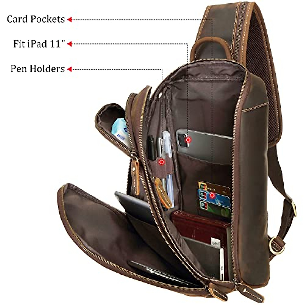 Polare Full Grain Leather Small Sling Bag Travel/Hiking Bike Multi-Purpose Crossbody Daypack For Men