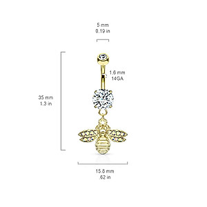 Dynamique Bee With AB Crystal Paved Wings Dangle Double Jeweled 316L Surgical Steel Belly Button Rings (Sold Per Piece)