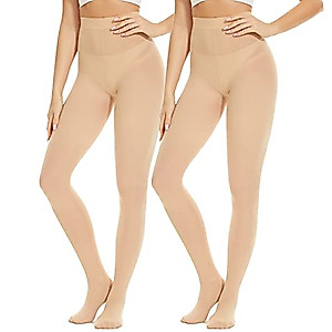 DUCMODA Women's 2-5 Pairs Semi-opaque Soft Tights Comfort High Waistband 70 Denier Pantyhose-Beige-2 Pairs-S-M