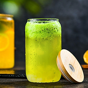 ULAXIM [ 4pcs ] Eco-friendly Glass Cups with Bamboo Lids and Straws 16oz, Iced Coffee Drinking Cups, Beer Can Glass Cup, Glass Tumbler for Cocktail, Whiskey, Soda, Tea, Water