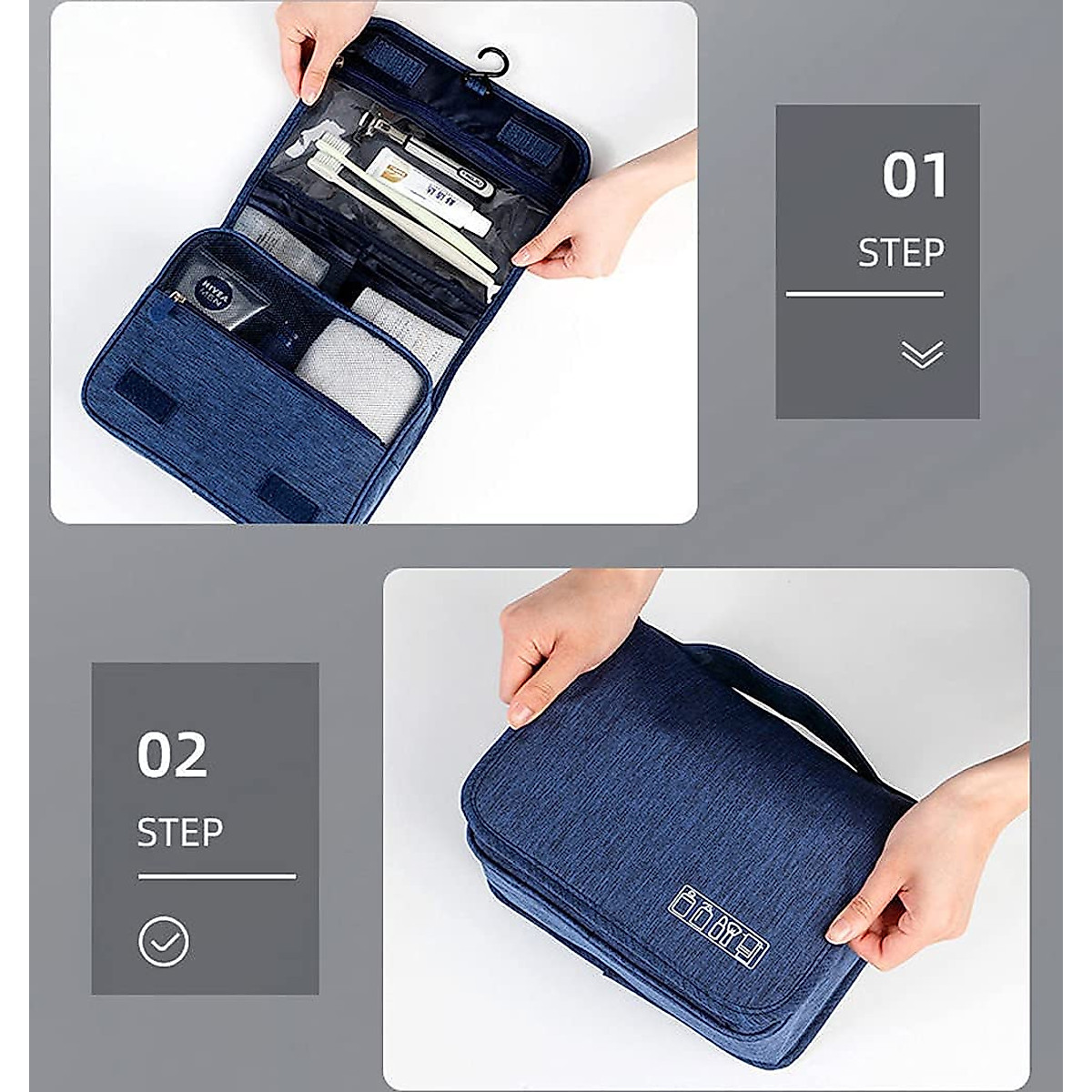 Menoeceus Portable Hanging Travel Toiletry Bag,Light Weight, Large Capacity Shampoo Bag, Water-resistant Makeup Cosmetic Bag, Travel Organizer for Accessories, Full Sized Toiletries Container (Navy)