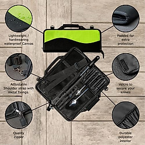 Knife Bag Canvas Chef Knife Roll Case -16 Pocket Knife & Kitchen Utensils Holder + Honing Steel Rod + Precision Drawing Spoons - Portable Storage for Travel Camping Culinary Student - Shoulder Strap
