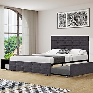 WII UWILL Platform Queen Bed Frame with 2 Storage Drawers and a Twin Size Trundle,Upholstered Bed with Tufted Headboard,Suitable for Kids/Teen/Adults,No Box Spring Needed, Easy Assembly