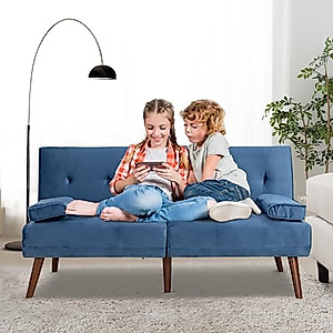 Shintenchi 60" Small Loveseat, 3 in 1 Cute Convertible Sofa Bed, Modern Futon Recliner Sleeper w/2 Cup Holder, Upholstered Folding Couch for Small Space, Blue