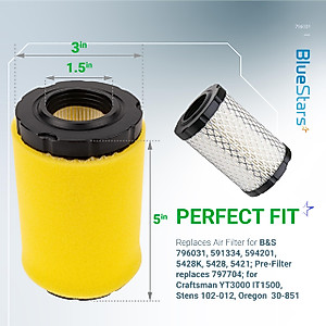 BlueStars 796031 Air Filter with 797704 Foam Pre-cleaner - For BS 992376 590825 591334 594201 John Deere MIU14395 D100 Husqvarna YTH24V48 YTH22V46 Lawn Tractor Lawn Mower Air Cleaner Element (4 packs)