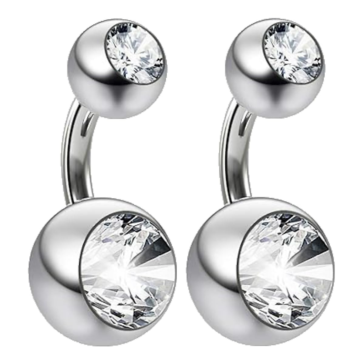 2pc 14g Crystal Cubic Zirconia Gem Double Belly Button Ring Navel 6mm Shallow Piercings