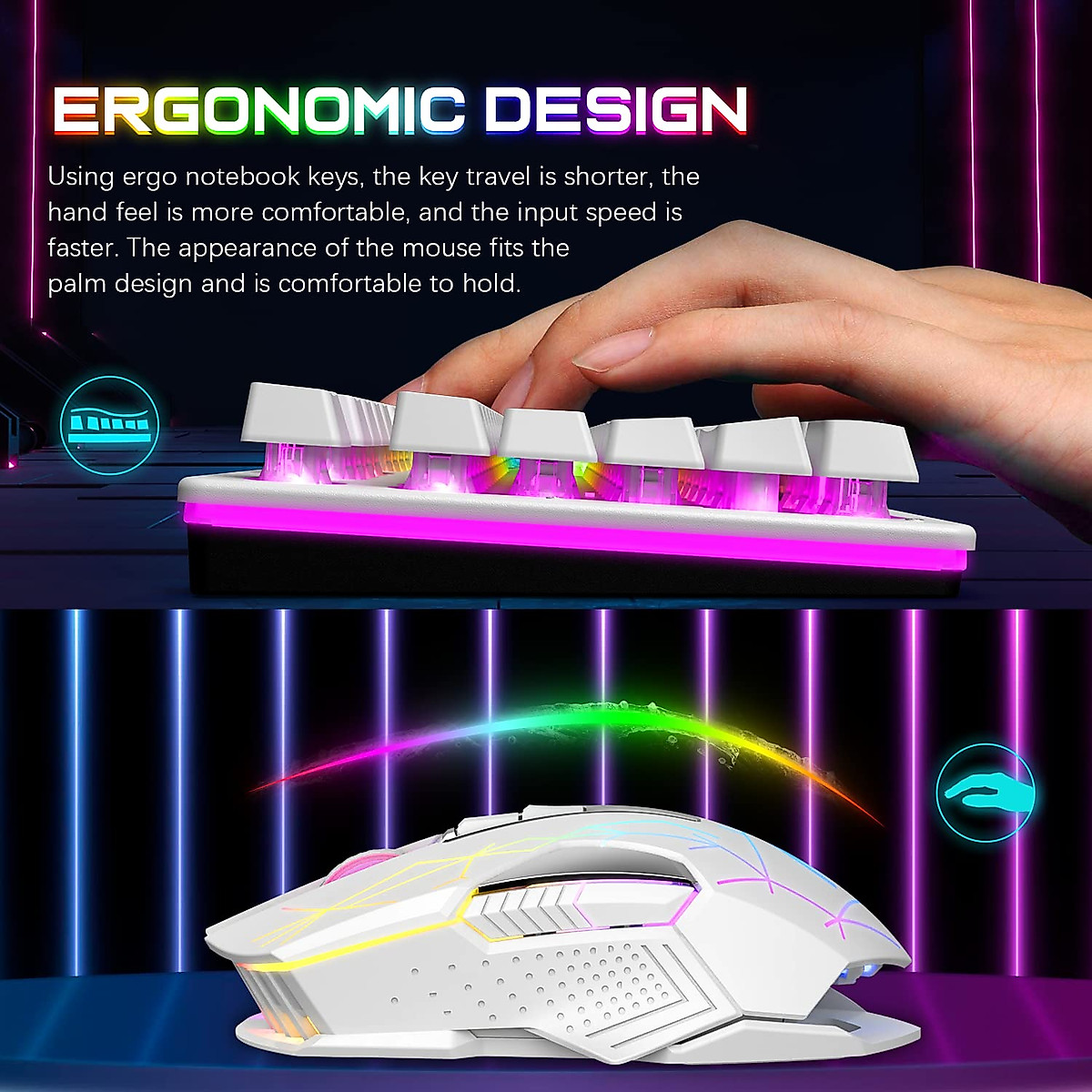 2.4G Wireless Gaming Keyboard and Mouse,Type C/USB Dual Receiver,RGB LED Backlit,Rechargeable 4200mAh,Full Size Mechanical Feel,Silent Mice,Mouse Pad for PC,Laptop,Smartphone,PS4,PS5,Xbox(White)