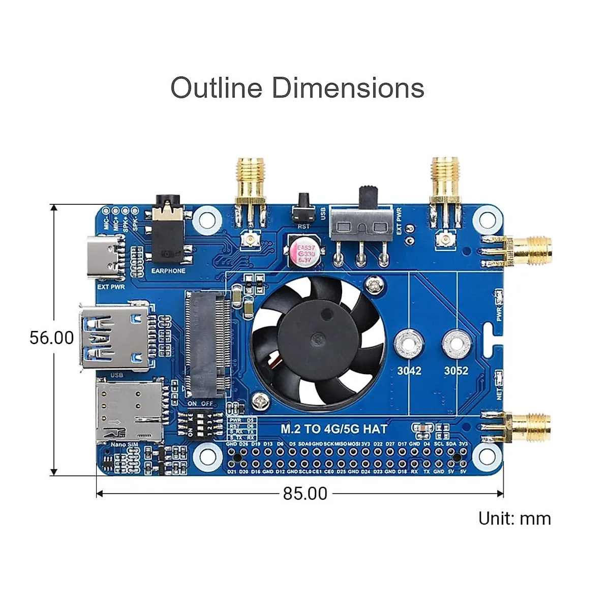waveshare SIM8202G-M2 5G HAT (B) for Raspberry Pi Snapdragon X55 Quad Antennas 5G NSA Multi Band 5G/4G/3G Compatible Applicable for Regions with 5G Sub-6G Signal Coverage