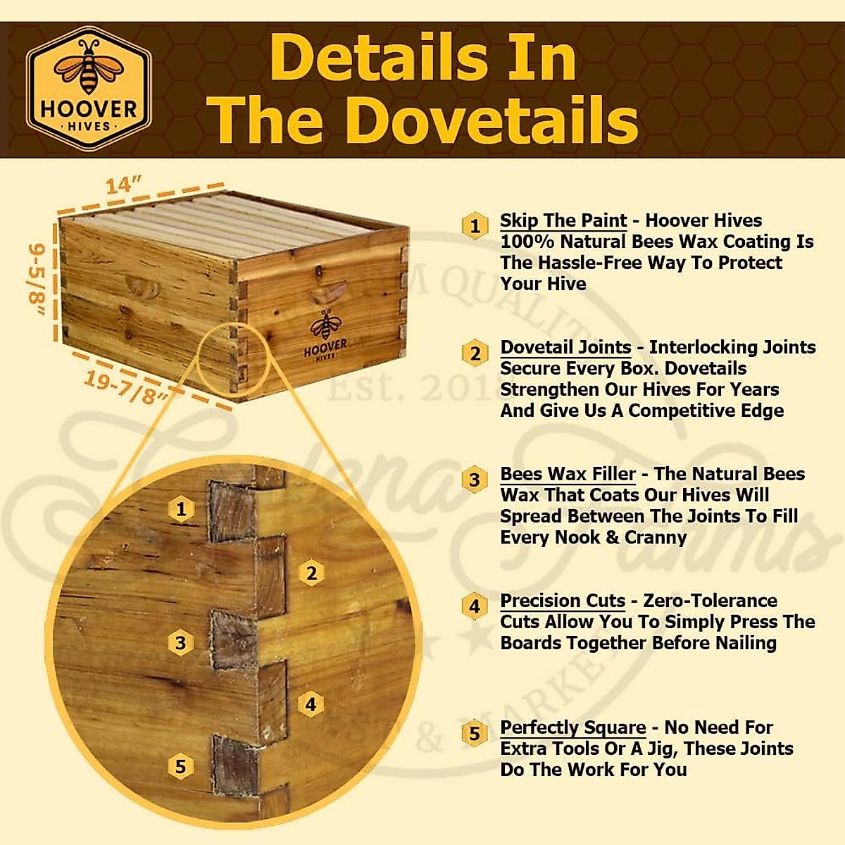 Hoover Hives 8 Frame Langstroth Beehive Dipped in 100% Beeswax Includes Wooden Frames & Waxed Foundations (1 Deep Box, 1 Medium Box)
