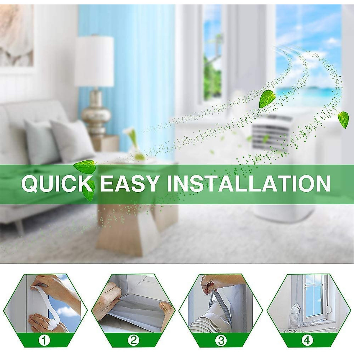 WASAIQI 400CM Universal Window Seal for Portable Air Conditioner and Tumble Dryer, Seal for AC Unit with Zip and Adhesive Fastener, Easy to Install, Works with Every Mobile Air-Conditioning