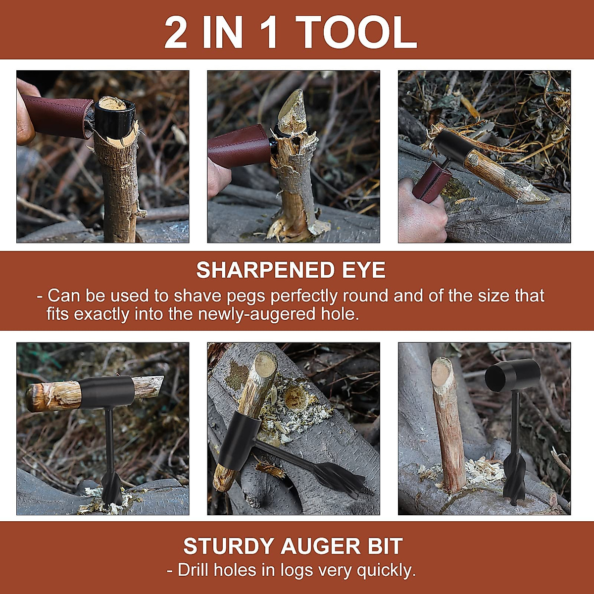 Kosibate Bushcraft Tools,Camping and Outdoor Backpacking Gear,Survival Tools for Bushcraft Settlers Wrench, Outdoor Wood Peg and Hole Maker,Hand Auger with Holster (Black)