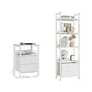 Furologee End Table and Bookshelf, Nightstand with Charging Station, Tall Narrow Bookcase with Shelves, Side Table with Storage Shelf & Hooks, for Living Room/Bedroom