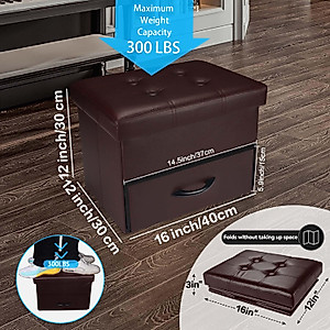 AmasSmile® Storage Ottoman Foot Rest Stool, 16 inch Leather Folding Footstool Bench, Short Ottoman Bench, Storage Foot Rest Store, Books, Records Support 220 lbs, Brown