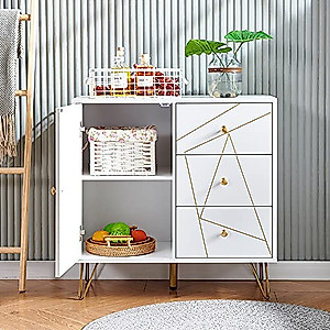 White Modern Kitchen Storage Cabinet Cupboard with Golden Line, Buffet Console Table Cupboard with 1 Door and 3 Drawers for Living Room Dining Room Entry Hallway, Credenza Sideboard Buffet Organizer