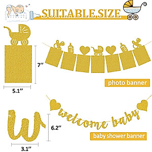 Baby Shower Decorations Gold- Welcome Baby Banner Pre-Strung & Baby Shower Photo Banner for Girls or Boys Baby Shower Gender Reveal Party Decor Supplies Baby Party Photo Booth Props
