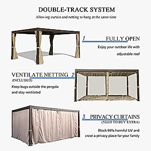 Domi Outdoor Living 12’ x 16’ Louvered Pergola with Adjustable Steel Roof, Outdoor Aluminum Frame Rainproof Pergola for Backyard, Garden and Lawn w/Netting (Dark Brown)