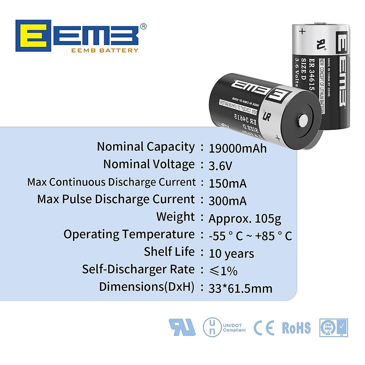 4Pack EEMB 3.6V D Cell Batteries ER34615 D Size Lithium Batteries 19000mAh Li-SOCL₂ Non-Rechargeable Battery LS-33600 XL-205F for CNC & Printing Machine Tool,Meter,Clock & 1 Year Manufacturer Warranty