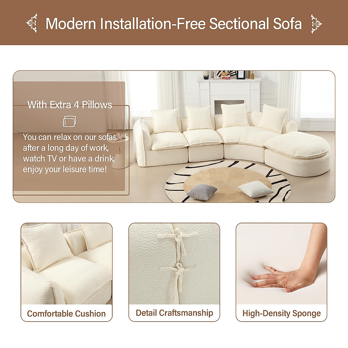 Haplized 137" Modular Sectional Couch,Comfy Upholstered Sectional Sofa,High Density Sponge Floor Sofa,5 Seater Cloud Sofa for Living Room,Bedroom,Apartment,Beige