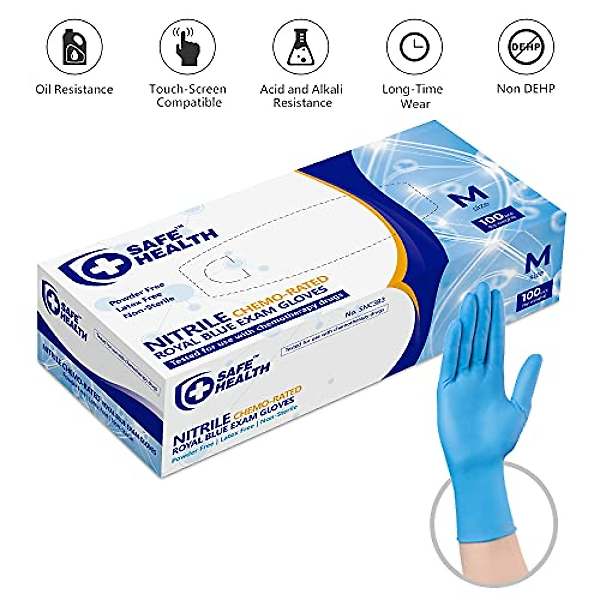 SAFE HEALTH Nitrile Exam Disposable Gloves, Latex Free, Powder Free, Blue, Box of 100, Medium, Textured, 3.5 mil, Chemo Rated, Chemical Resistant, Medical, Dental, Hospital, Pharmaceutical, Laboratory