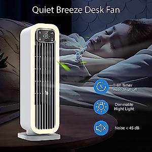 Oscillating Tower Fan, Bladeless Desk Fan 15 inch 12000mAh Battery Operated Portable Table Fan for Bedroom Office Home, Small Standing Fan for Rooms Desktop with Touch Control, Timer, Dimmable Light