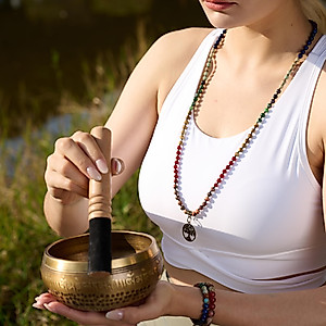 Bivei 7 Chakra 108 Mala Beads Bracelet Real Healing Gemstone Yoga Meditation Hand Knotted Mala Prayer Bead Necklace(Lotus OM-6mm beads)