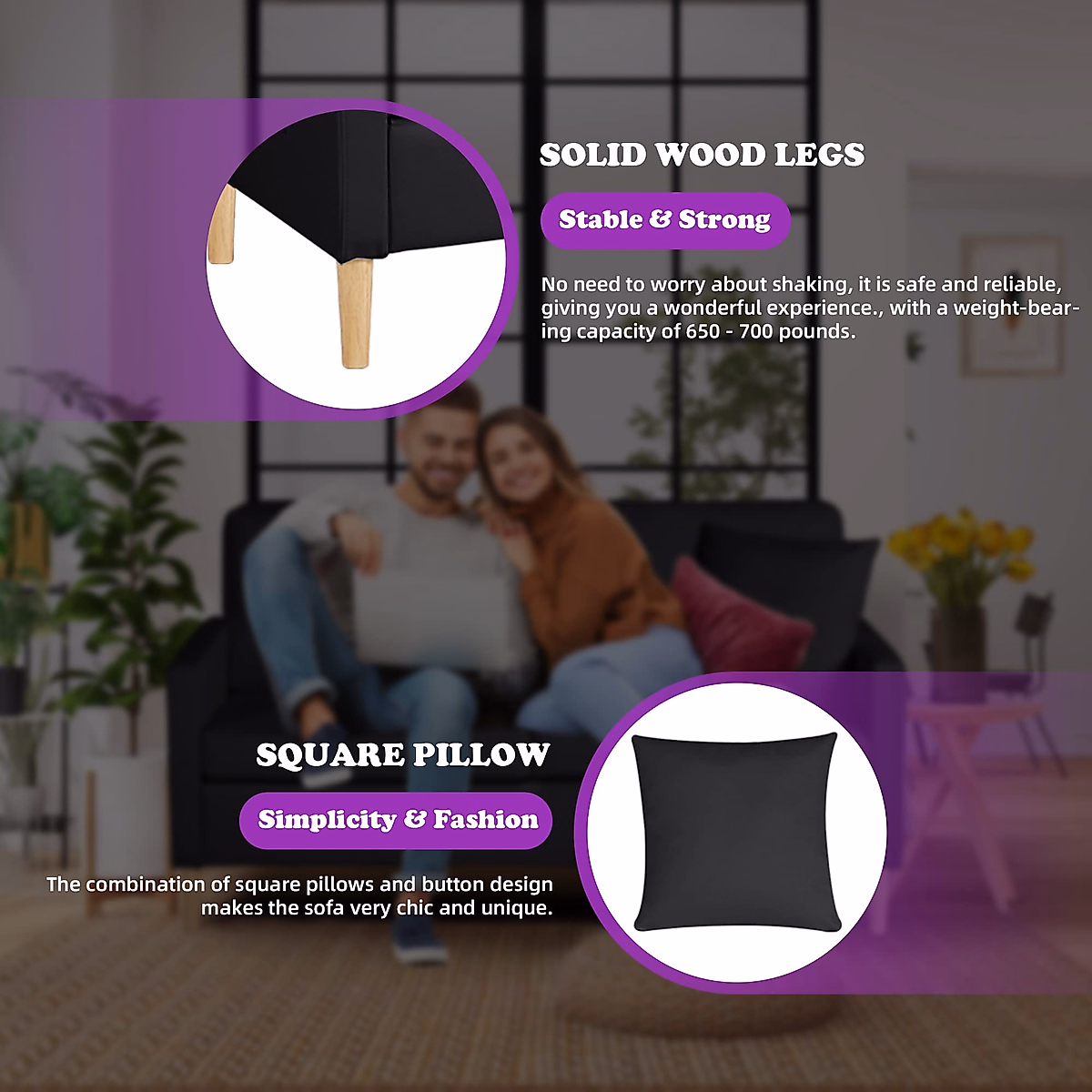 TYBOATLE Modern PU Leather Living Room Furniture 3 Pieces Sectional Sofa Couches Sets, Loveseat w/ 2 USB Charging Ports and Comfy Accent Arm Chairs for Small Space, Apartment, Office, Studio (Black)