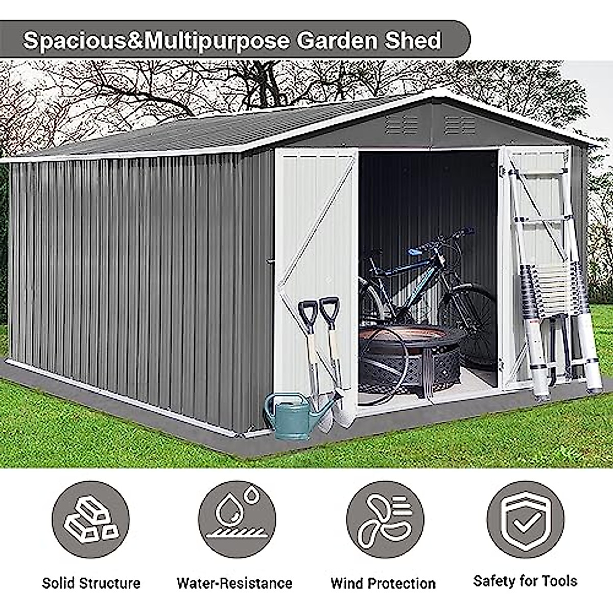 Evedy 10x8ft Outdoor Storage Shed,Metal Garden Shed for Bike, Trash Can, Tools, Galvanized Steel Outdoor Storage Cabinet with Lockable Door,Tool Cabinet with Vents,for Backyard,Patio, Lawn