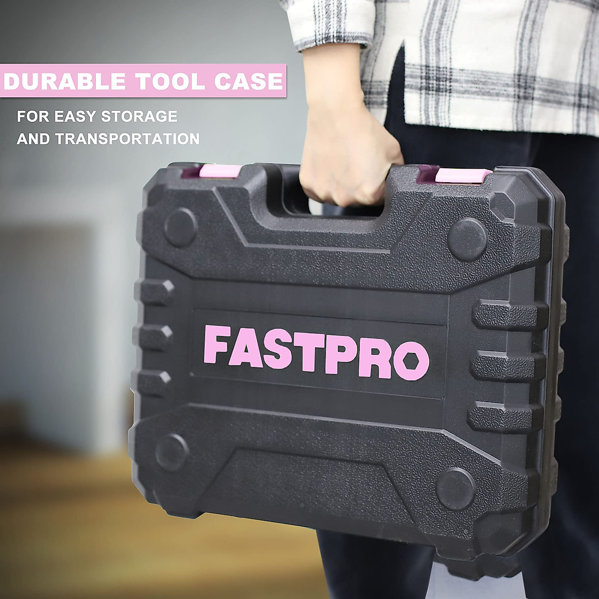 FASTPRO 177-Piece 20V Pink Cordless Lithium-ion Drill Driver and Home Tool Set, Lady's Home Repairing Tool Kit with Drill in Tool Storage Case