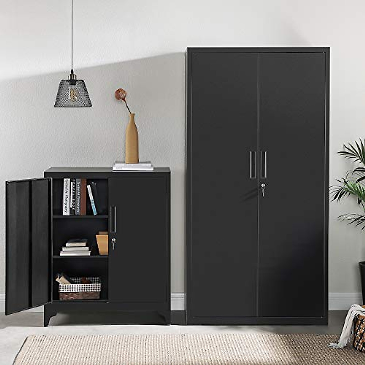 SONGMICS Garage Cabinet, Metal Storage Cabinet with Doors and Shelves, Office Cabinet for Home Office, Garage and Utility Room, Black UOMC015B01