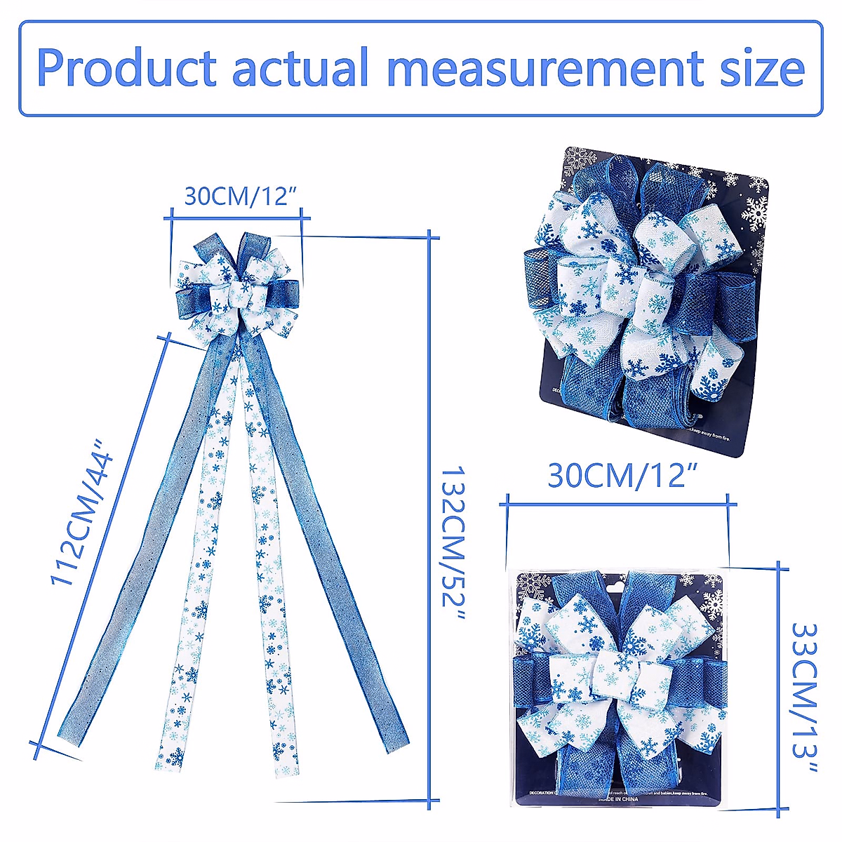 Christmas Tree Topper Bow, 44X12 Inch Artificial Xmas Tree Flower Topper Decor, for Family, Wedding, Birthday Party, Indoor Outdoor Thanksgiving Christmas Decoration - Blue/White/Snowflake.