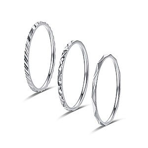 KAZITSAN 3pc 1mm Stainless Steel Ring Set for Women and Men Girls Simple Knuckle Stacking Thumb Rings Faceted Edge Silver Wedding Band Comfort Fit Size 10